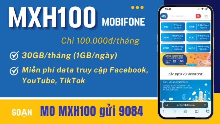 Đăng ký gói MXH100 Mobifone có 30GB + Free Tiktok, Youtube, FB