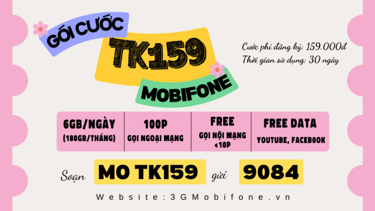 Đăng ký gói TK159 Mobifone 159K có 6GB/ngày, Free gọi, Youtube/Facebook